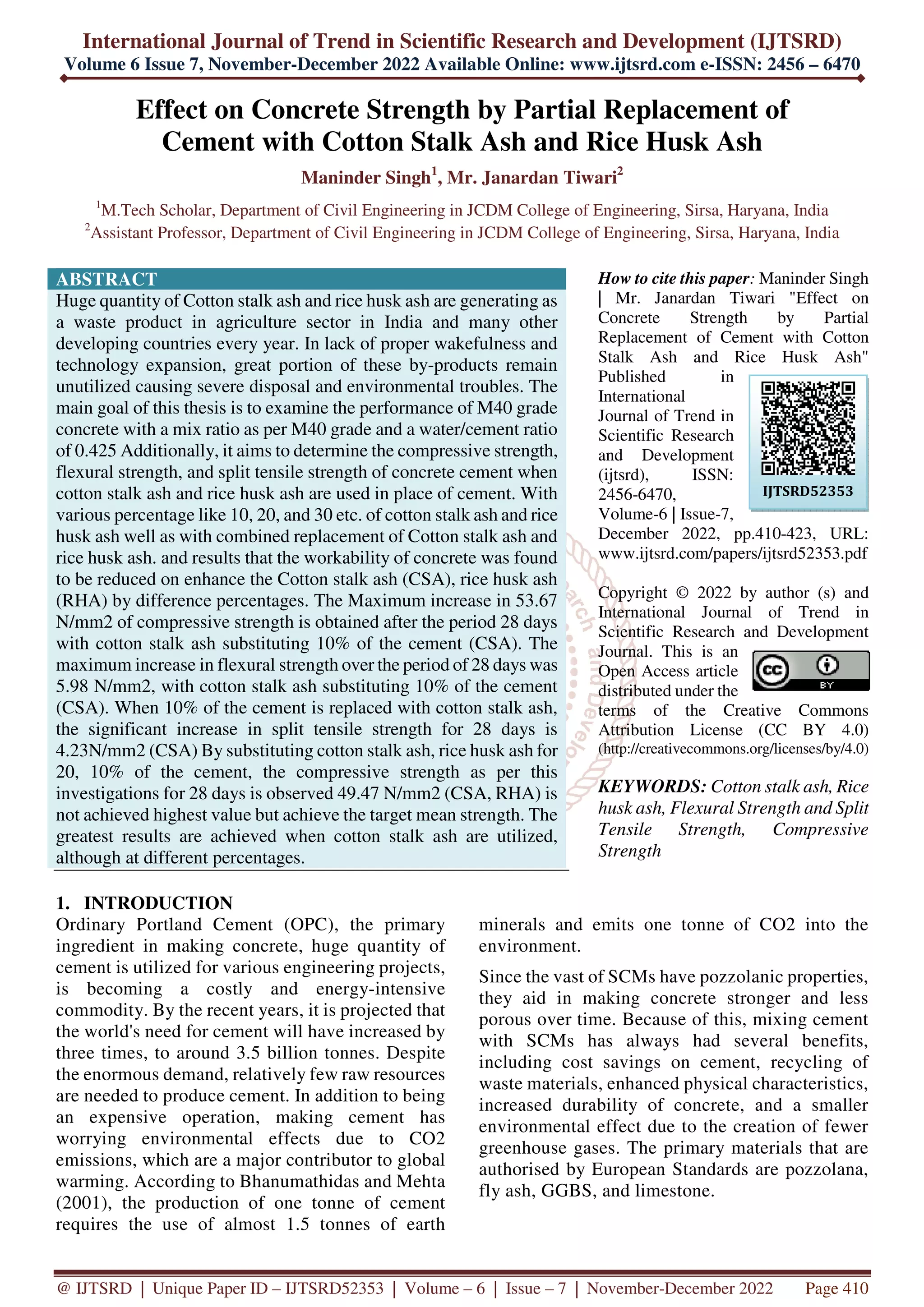 Effect on Concrete Strength by Partial Replacement of Cement with ...