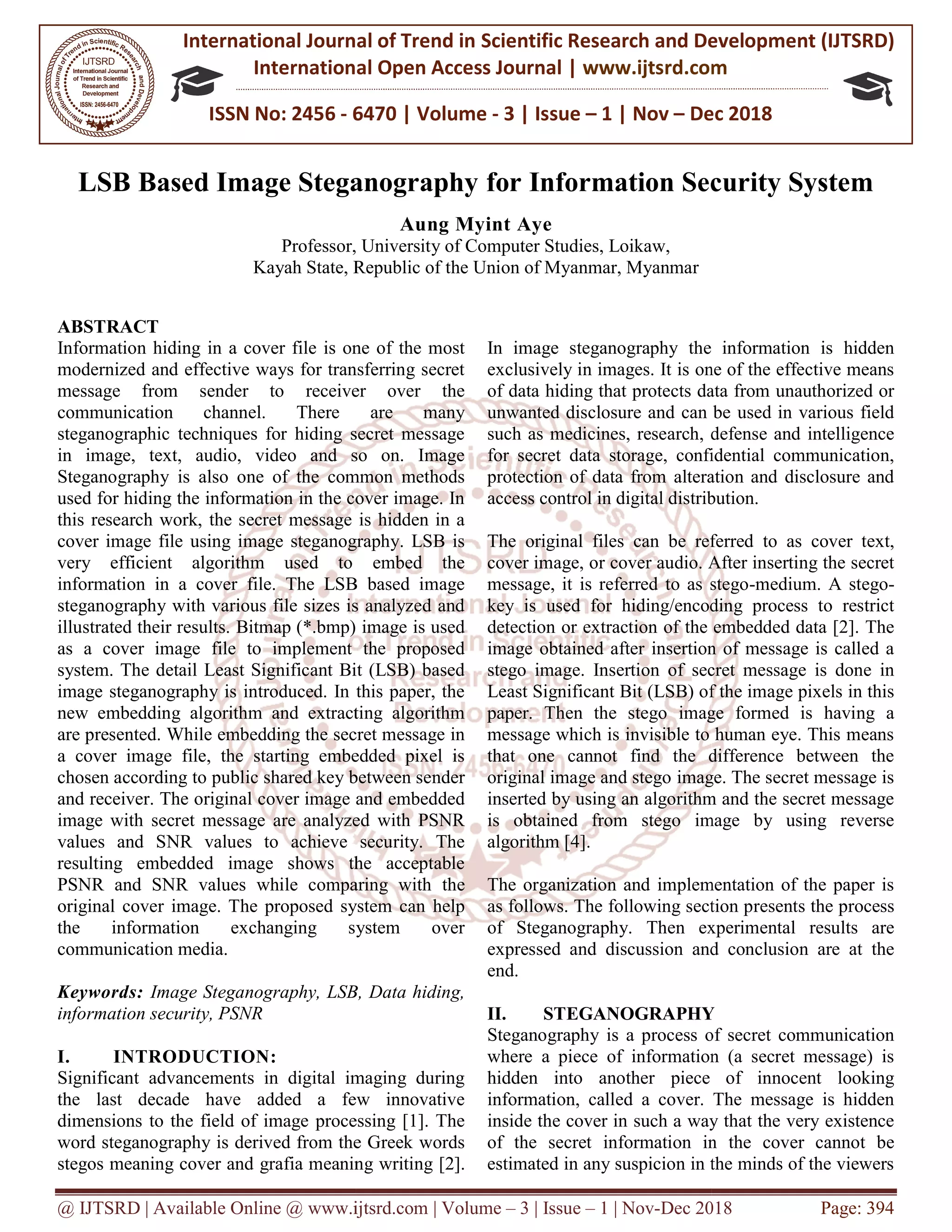 LSB Based Image Steganography for Information Security System | PDF