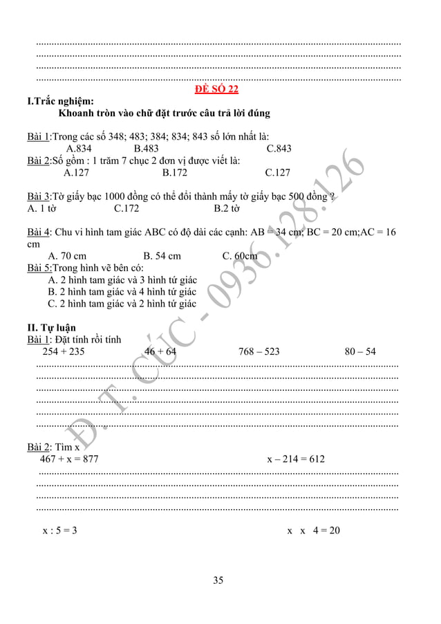 49 đề toán ôn tập học kỳ II lớp 2 | PDF