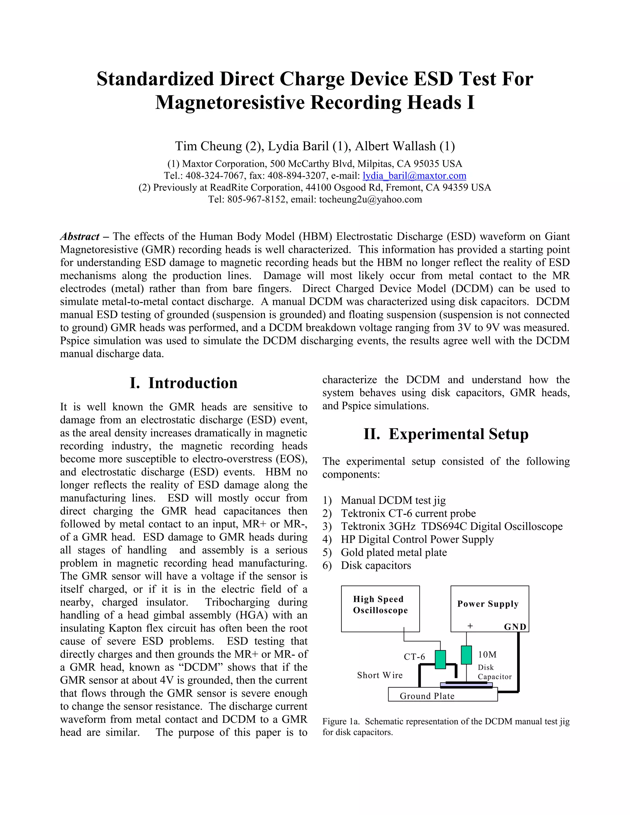 Standardized Direct Charge Device ESD Test For Magnetoresistive ...