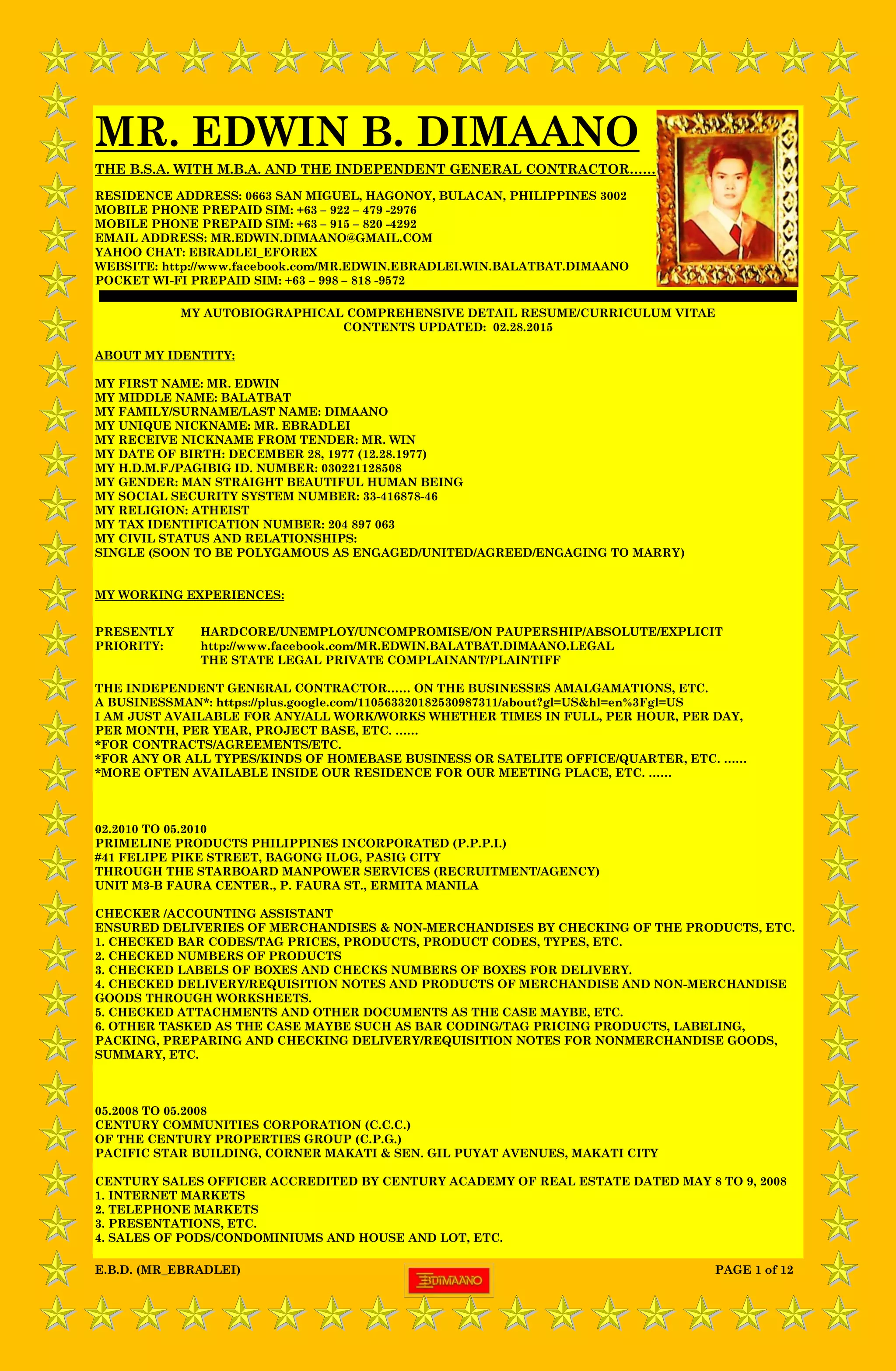 MY AUTOBIOGRAPHICAL COMPREHENSIVE DETAIL RESUME CURRICULUM VITAE ...