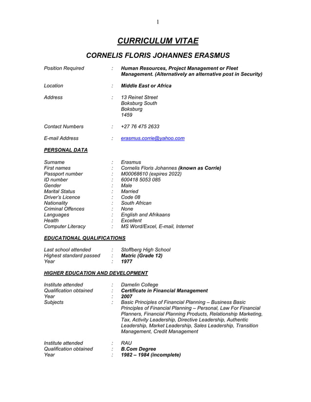 Corrie Erasmus CV 1 | PDF