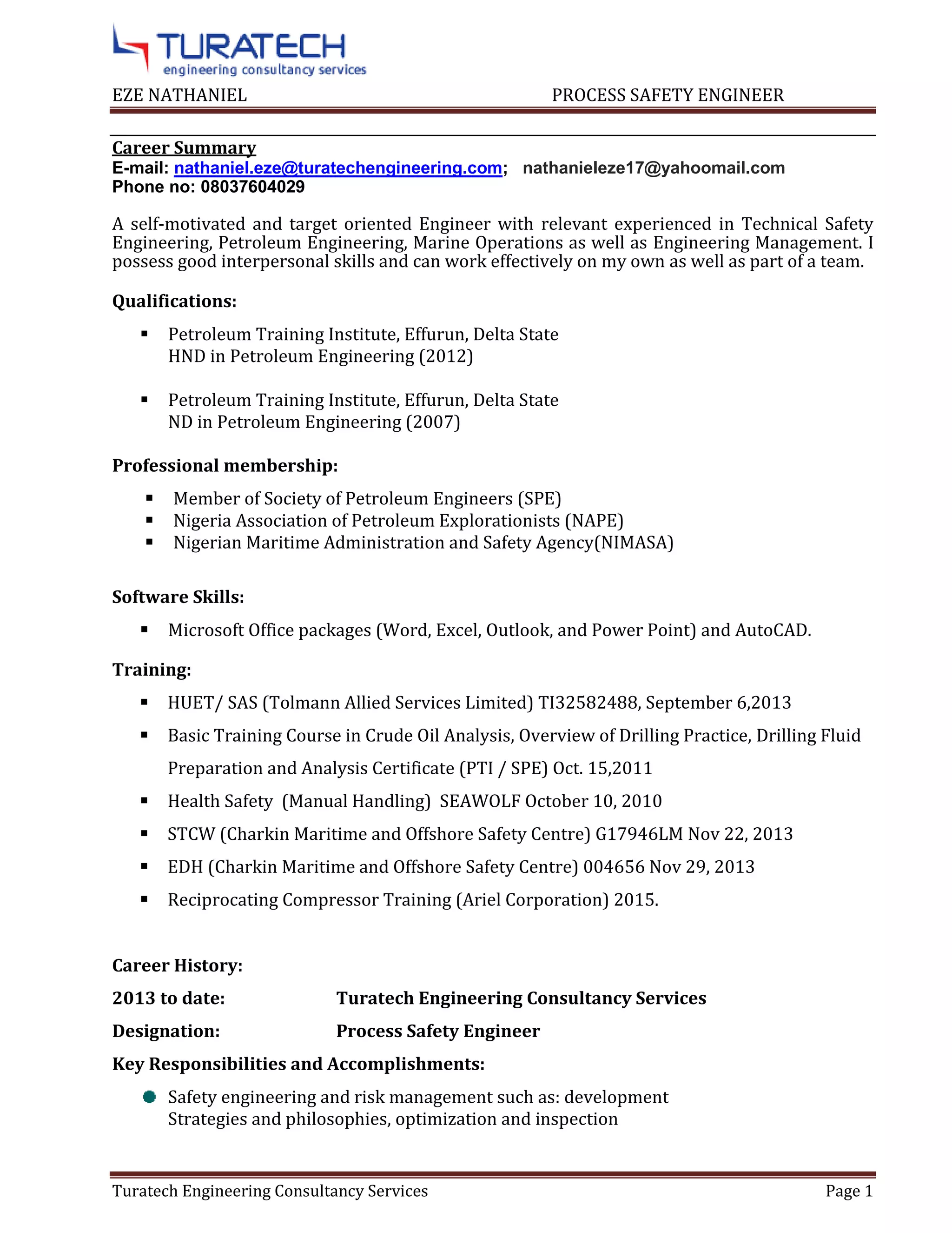Eze Nathaniel's Process Safety Engineer Profile | PDF