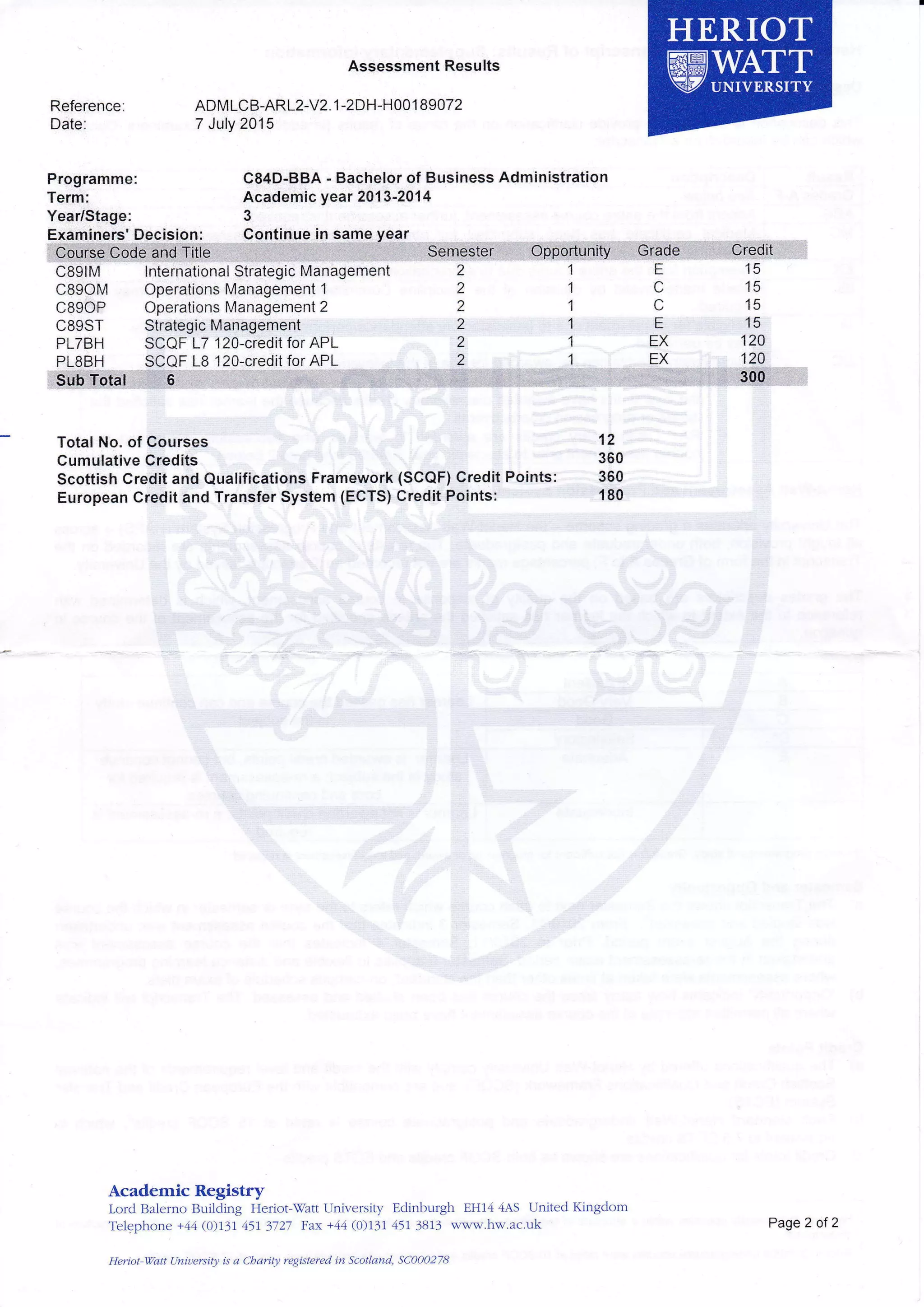 Bachelor of Business Administration Transcript for Sabelo W Nkosi ...