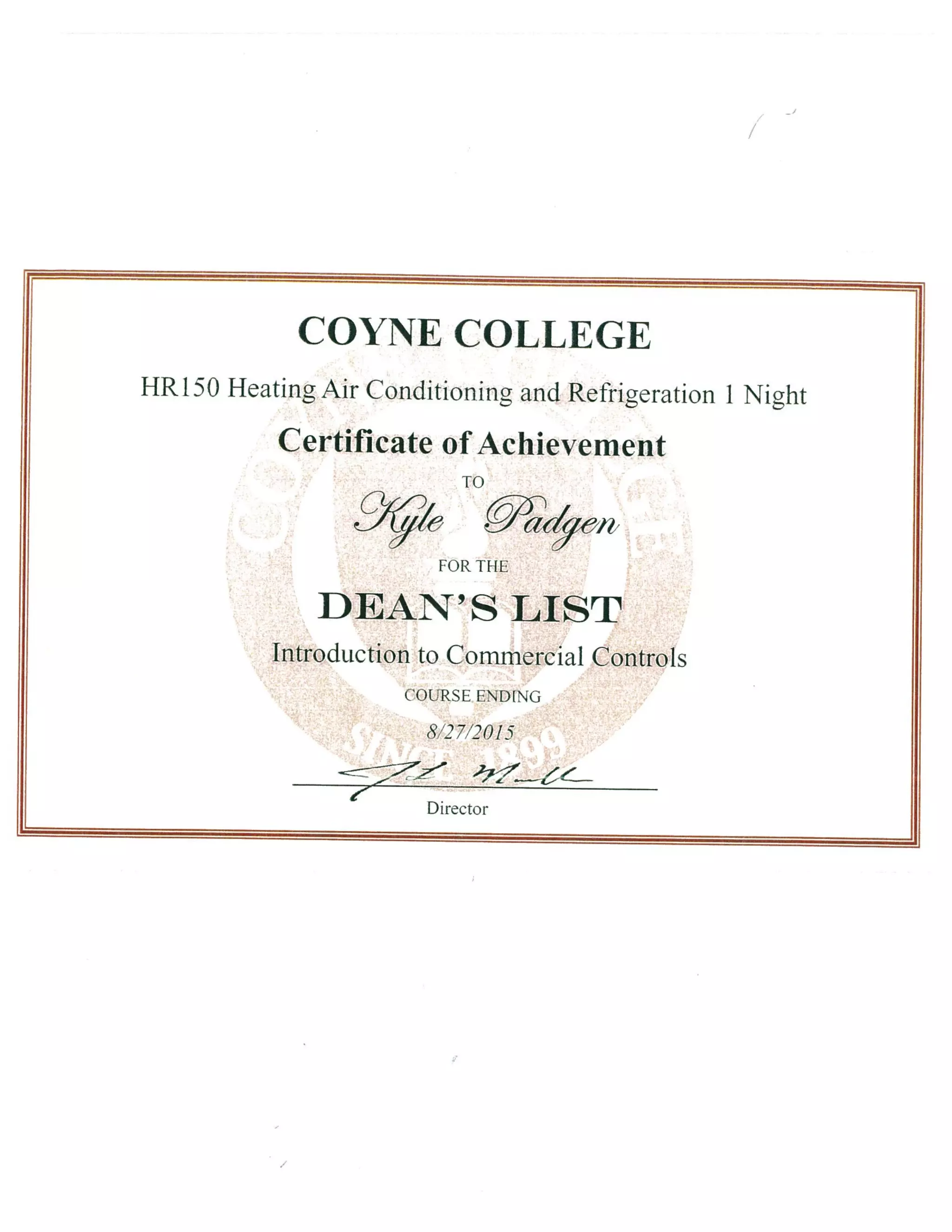 DEAN'S LIST CERT FOR COMMERCIAL CONTROLS REFRIGERATION | PDF