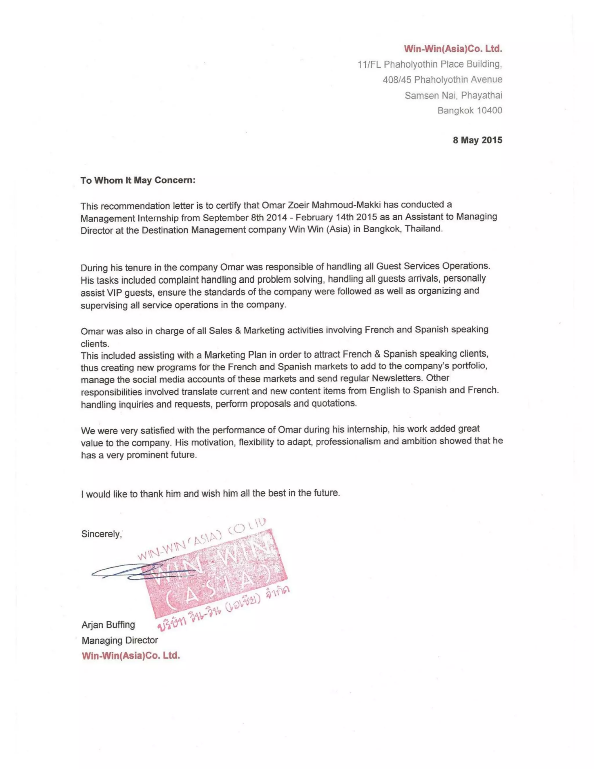 Recommendation Letter Win-Win Asia | PDF
