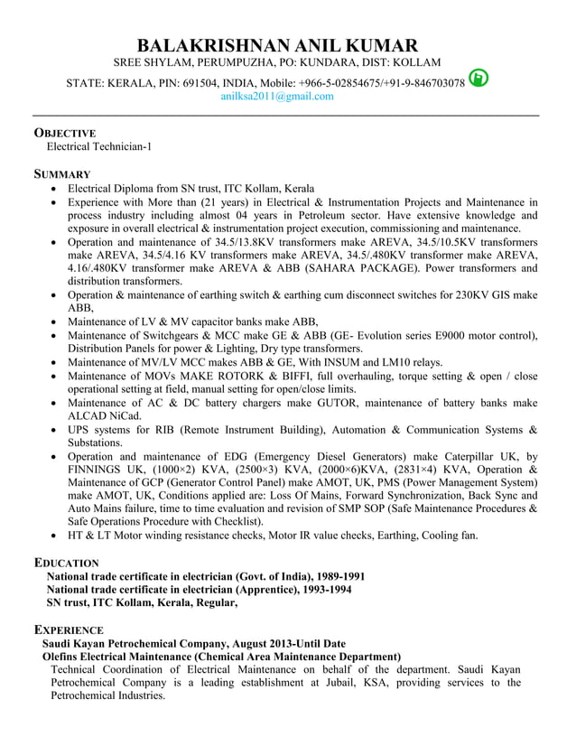 BALAKRISHNAN ANIL KUMAR RESUME | PDF