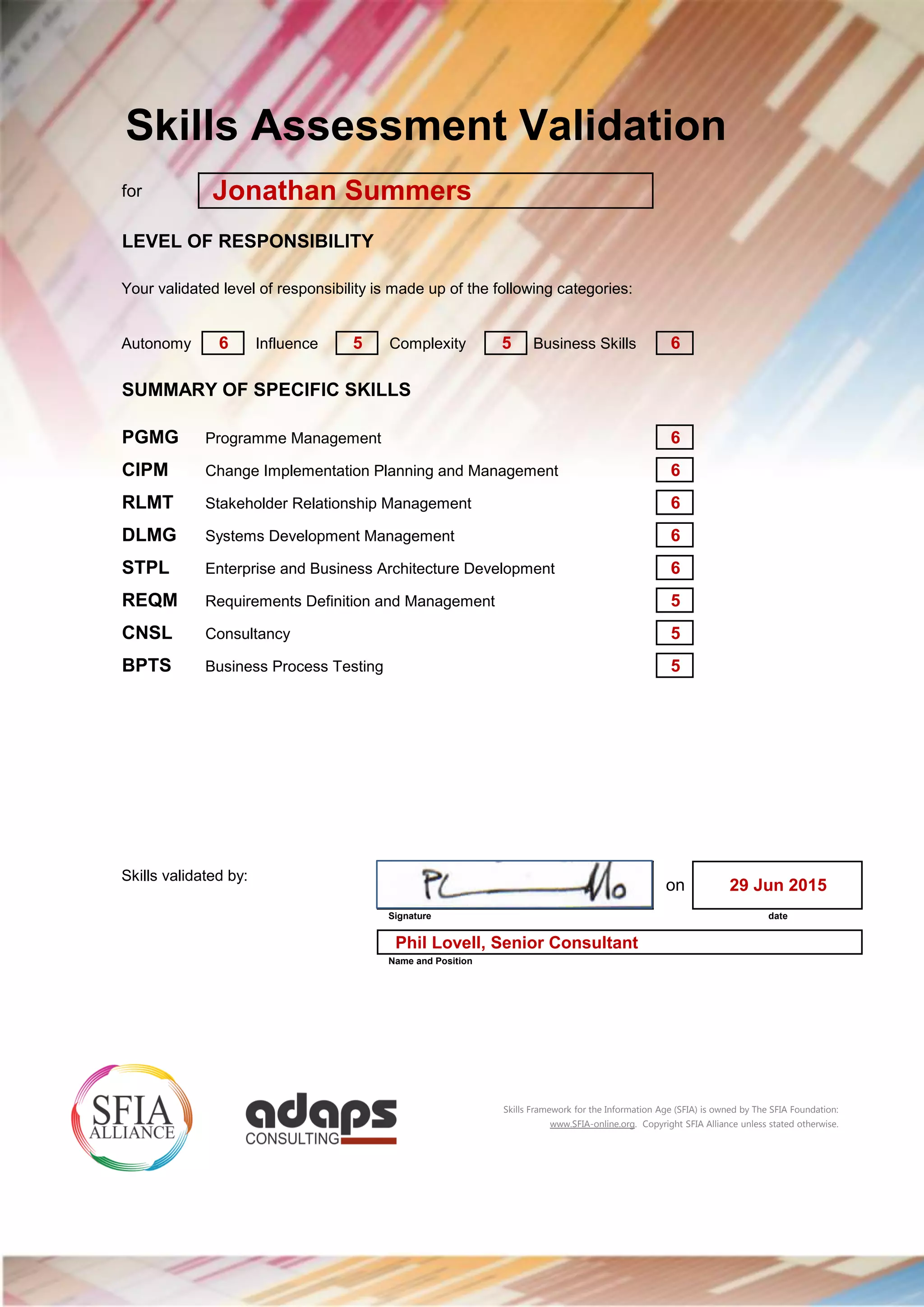 SFIA Validation Report - Jonathan Summers | PDF