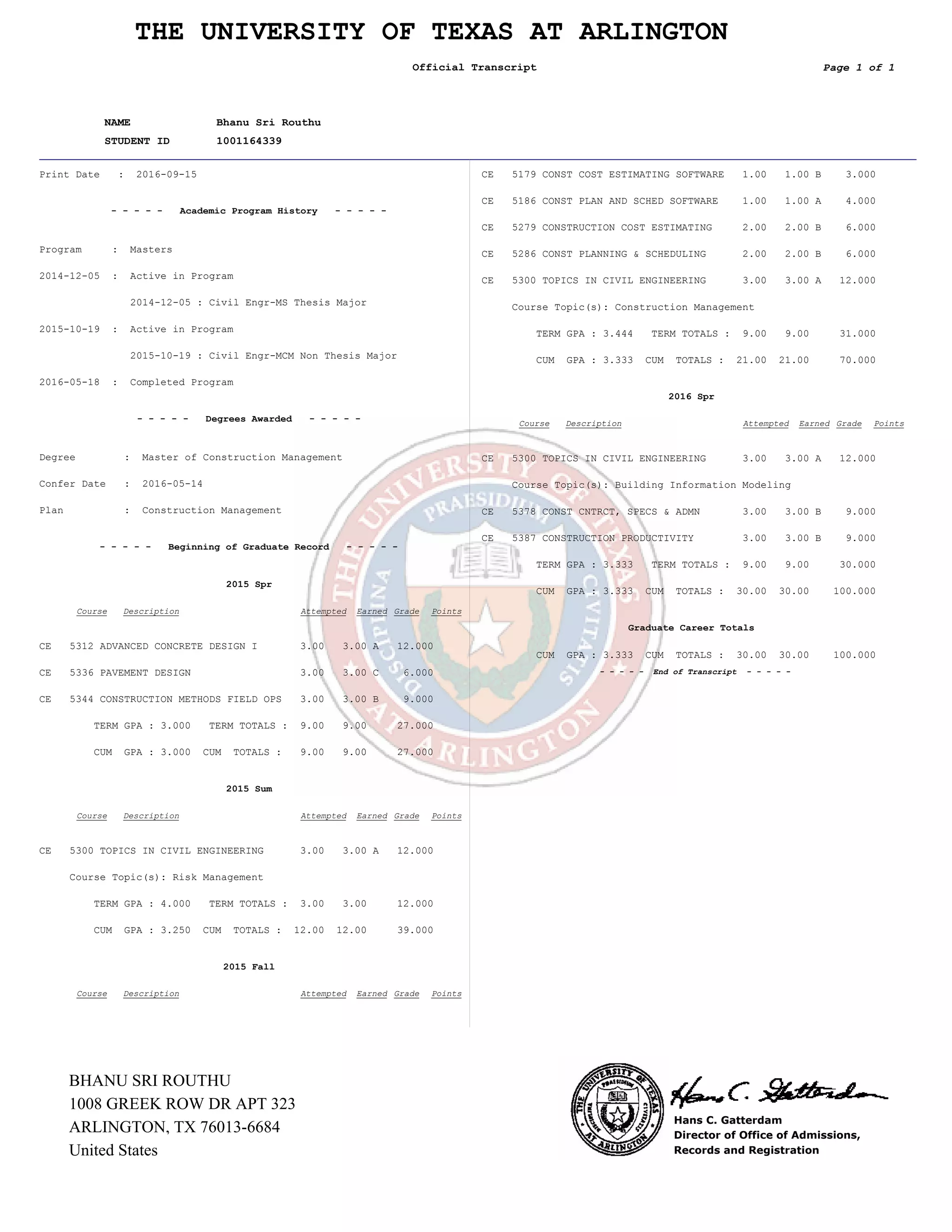 UTA Transcript | PDF