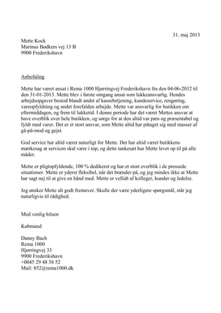 Rema1000 Hjørringvej, Anbefaling Lukkeansvarlig | PDF