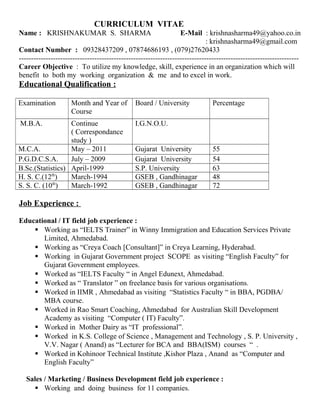 krishnasharmaMBAMCAresumenew1 | PDF
