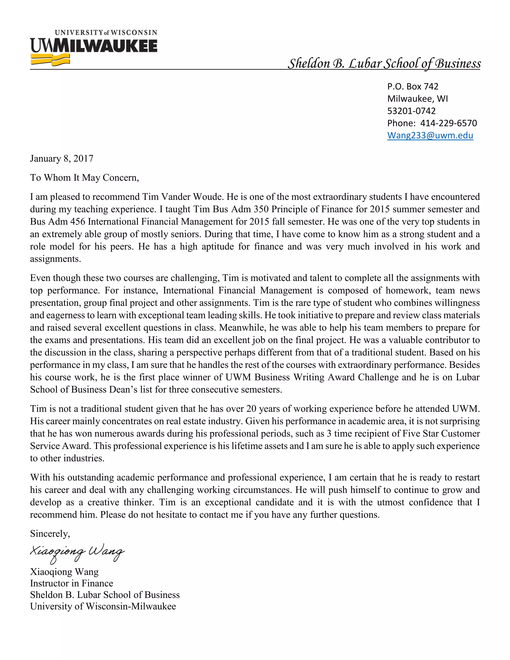 UWM Principles of Finance and International Finance Professor Wang ...