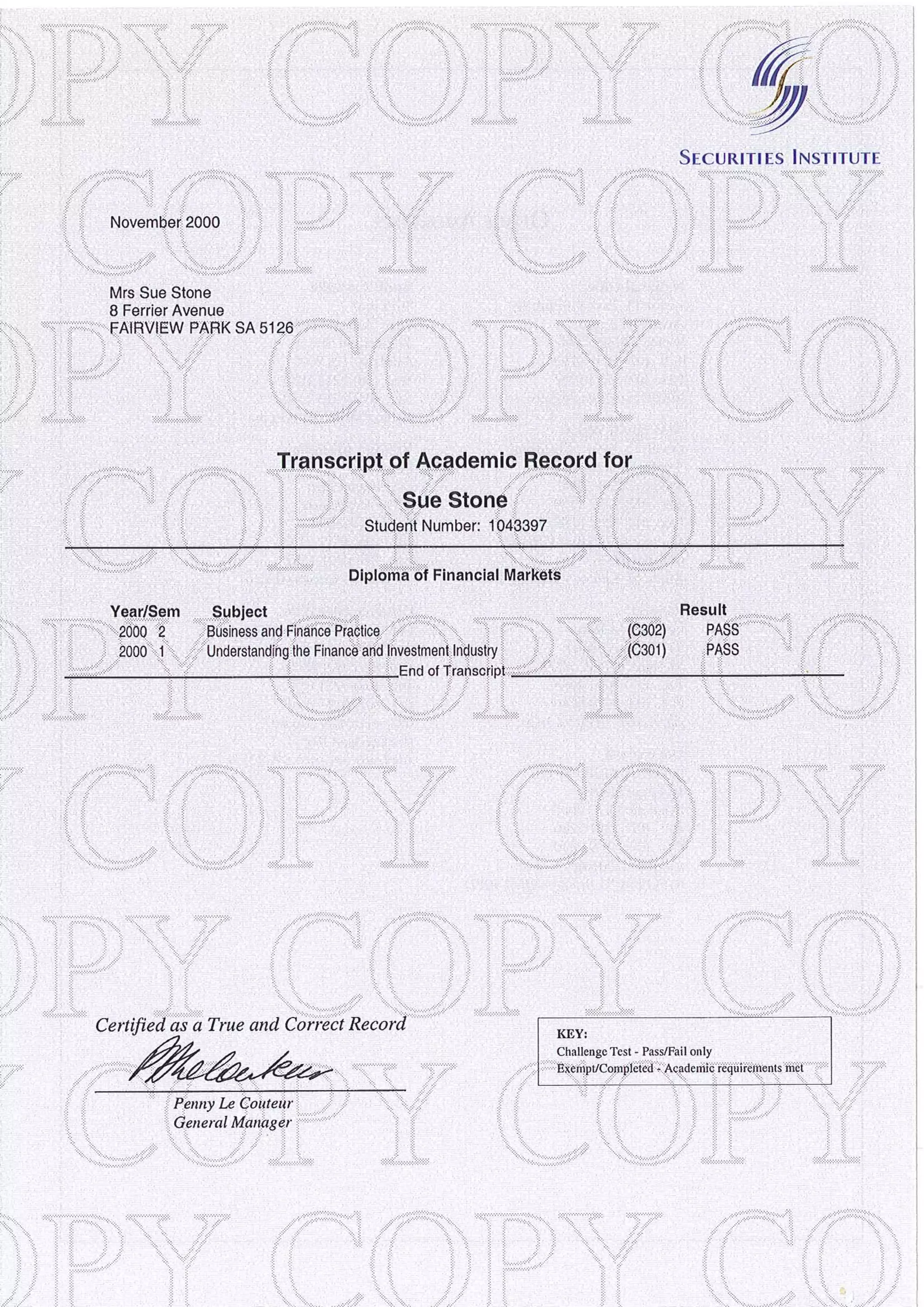 Cert III Financial Markets Academic Transcript | PDF