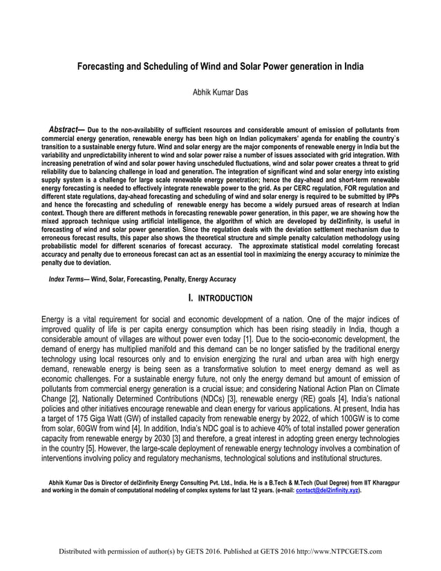Forecasting and Scheduling of Wind and Solar Power generation in India | PDF