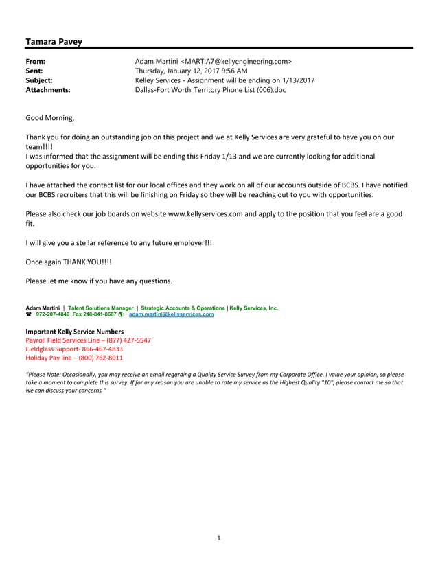 Kelly Services BCBS Letter of Recommendation | PDF | Job Search | Careers