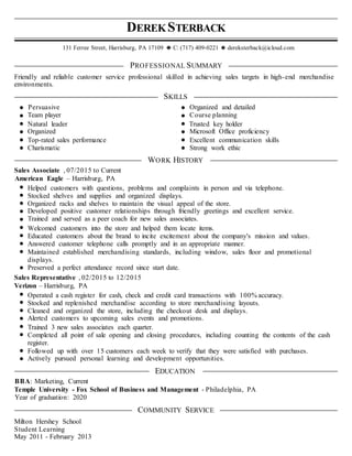 Derek Sterback Resume 1 | DOCX | Sales | Business