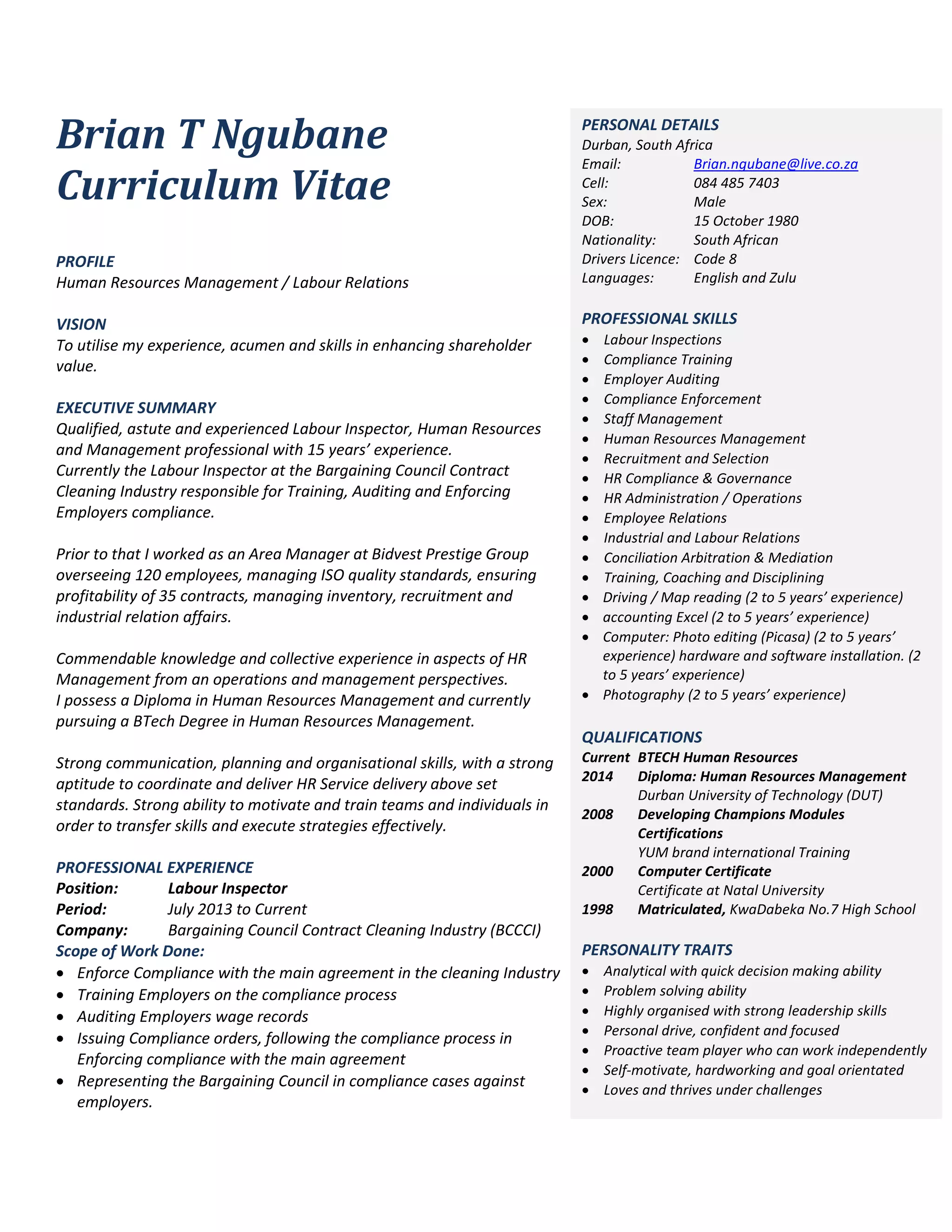 CV Brian Ngubane updated 29.04.2016