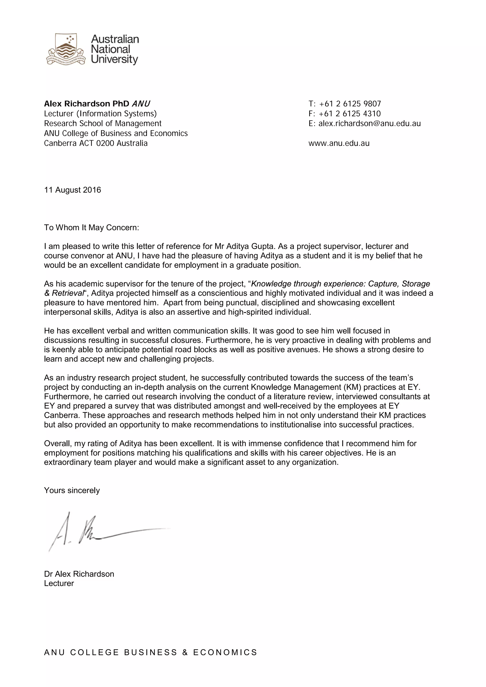 Aditya Gupta Reference letter | PDF