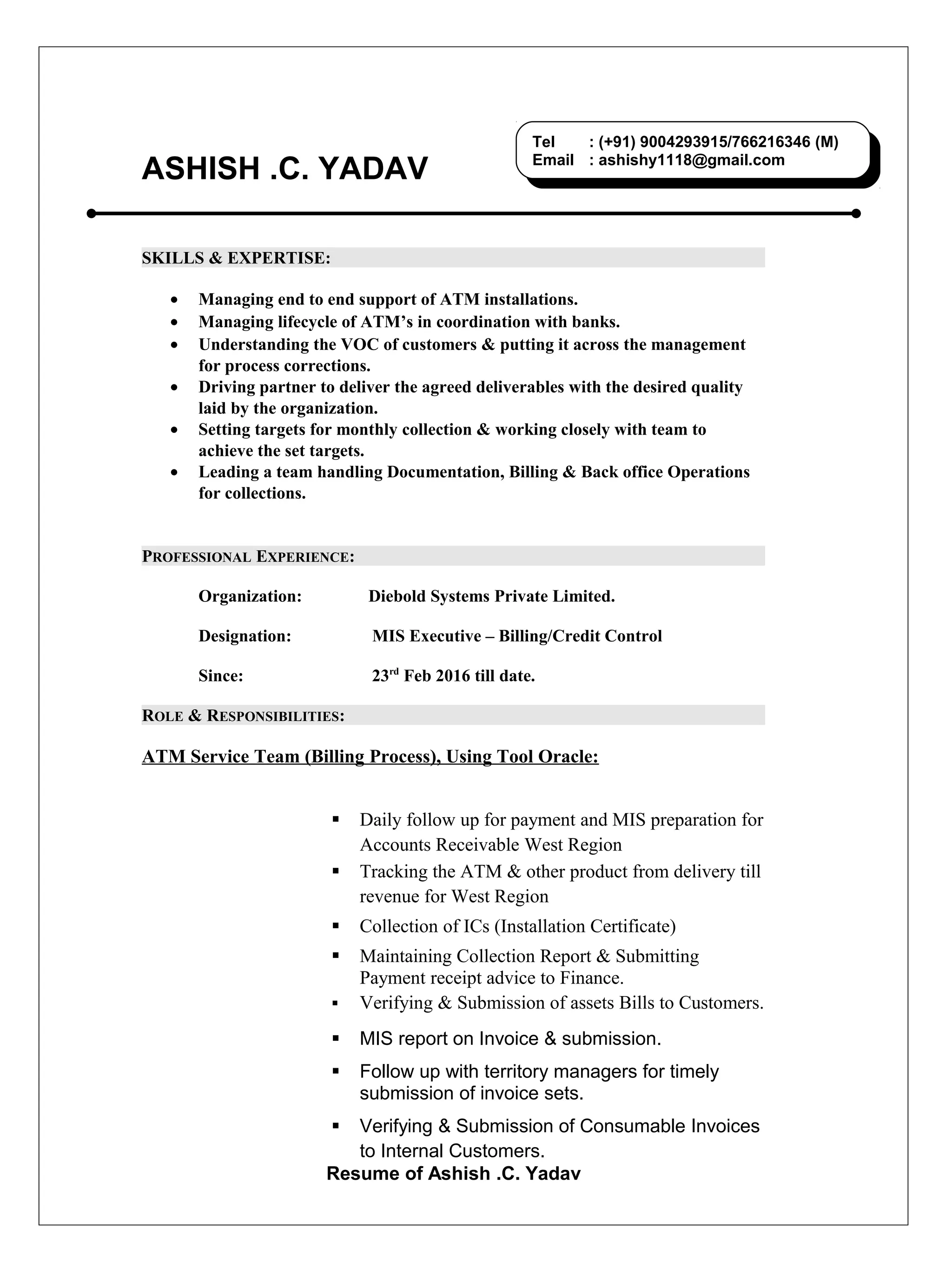 Ashish Yadav Curriculum Vitae | DOC | Business Banking & Finance | Business