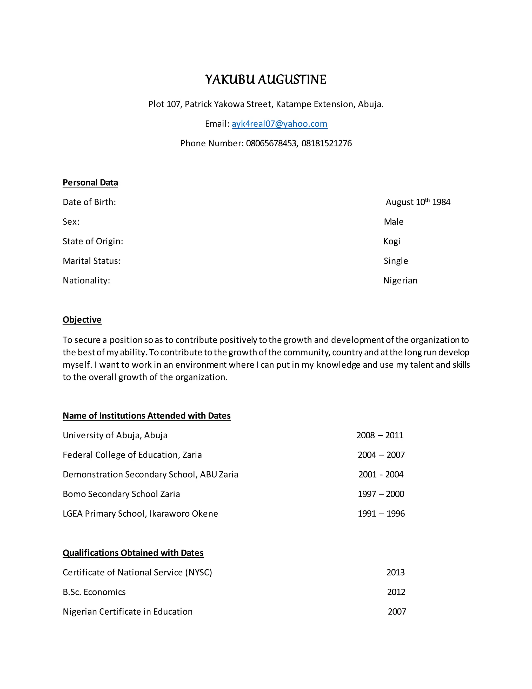 YAKUBU AUGUSTINE CV2 | PDF