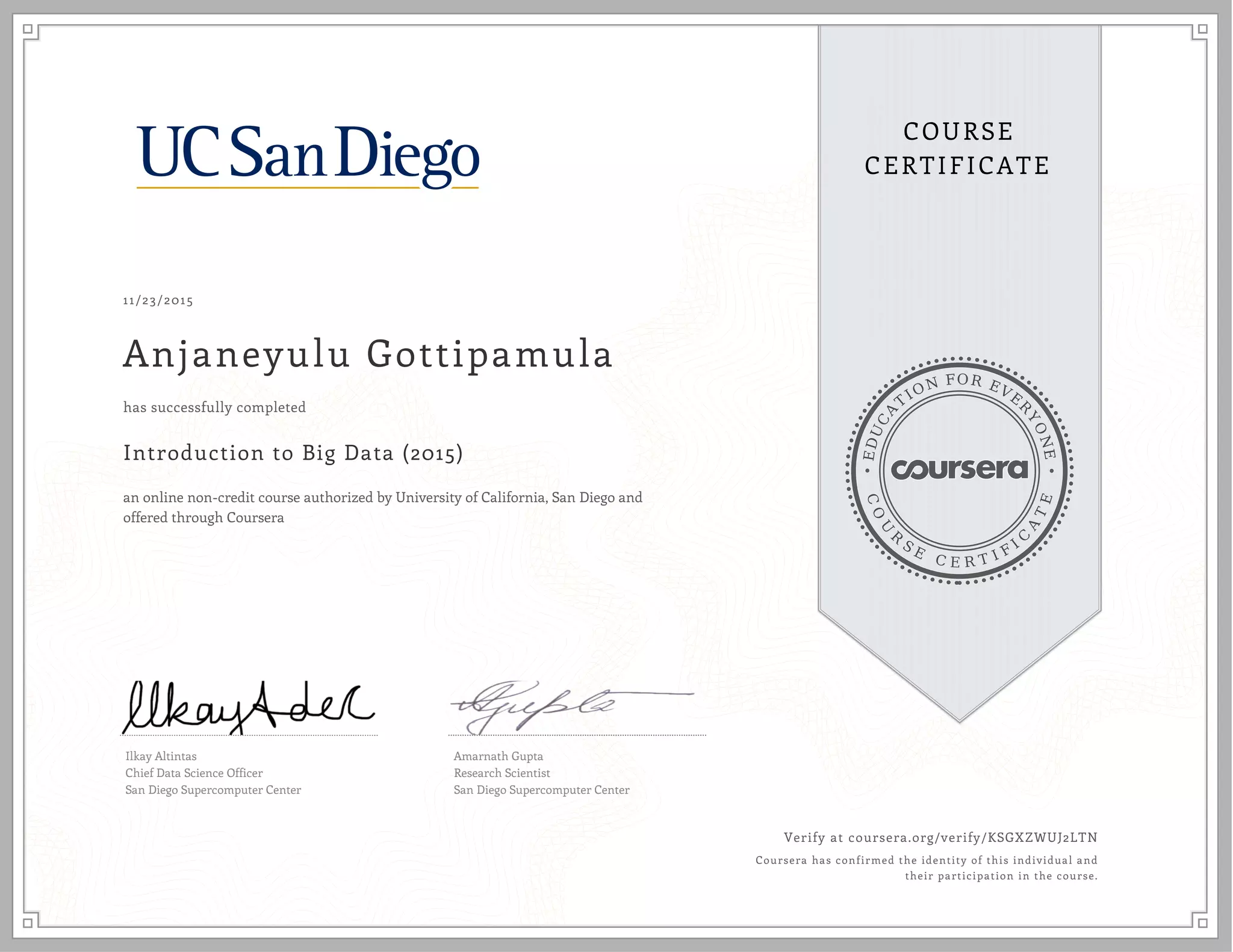 Coursera Introduction to Big Data Certificate | PDF | Education ...