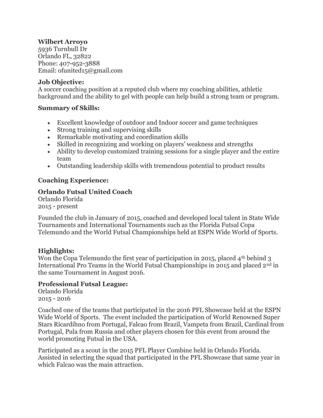 Coaching Resume Wilbert Arroyo | PDF