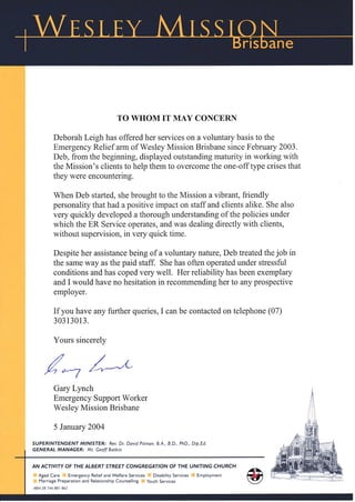 Reference Gary Lynch Wesley Mission Brisbane | PDF
