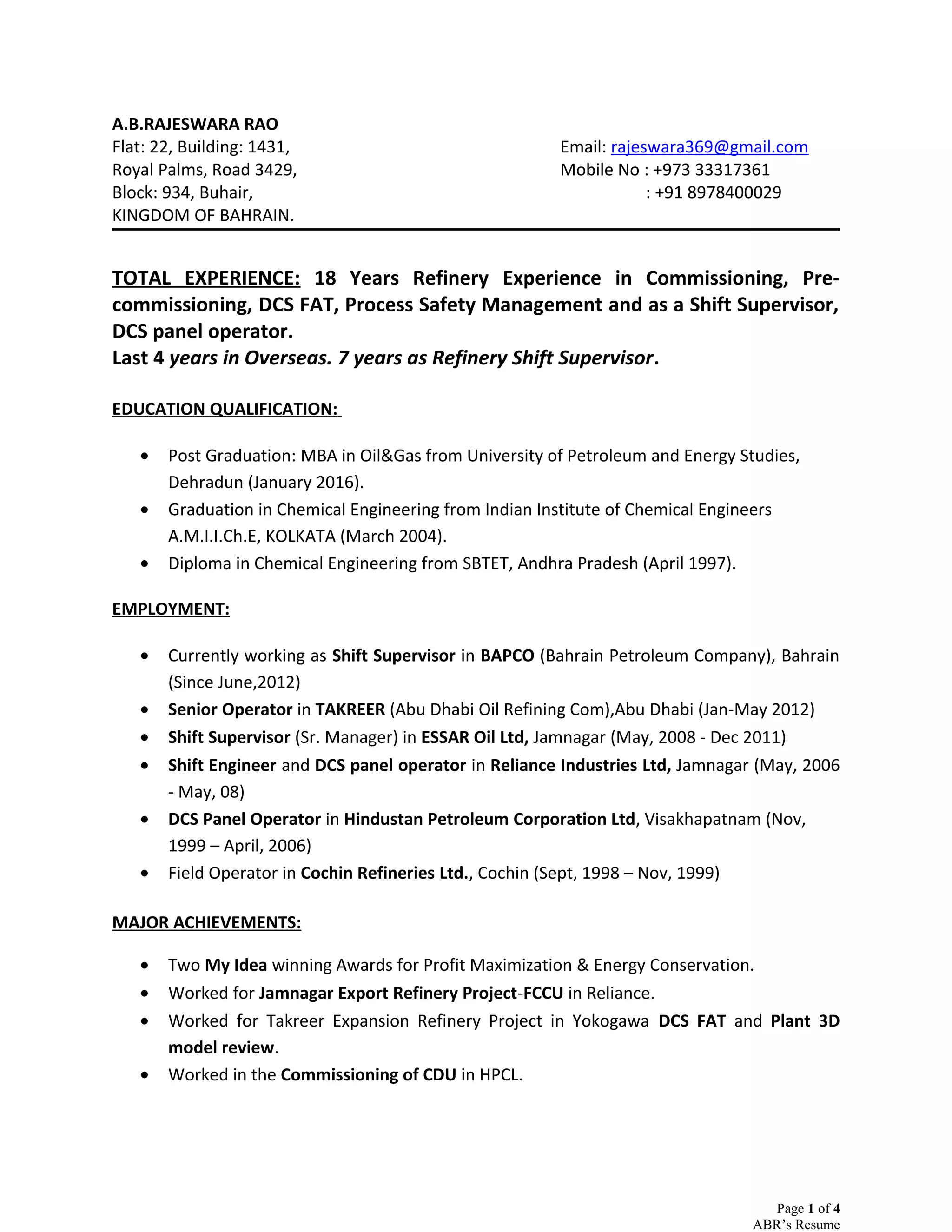 R Rao CV update | DOC | Power and Energy Industry | Industries