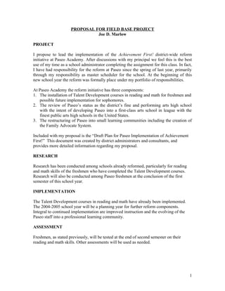 PROPOSAL FOR FIELD BASE PROJECT | DOC | Educational Assessment | Education