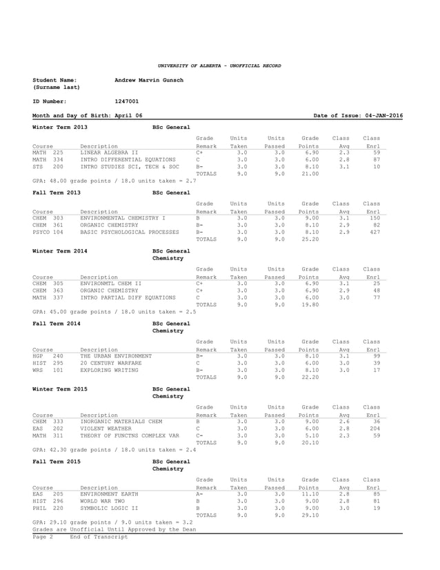 unoffical transcipt 2016.PDF | Undergraduate Education | College Education
