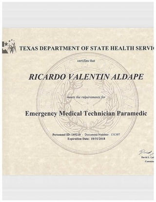 Ricardo Aldape Texas Paramedic Certification | PDF