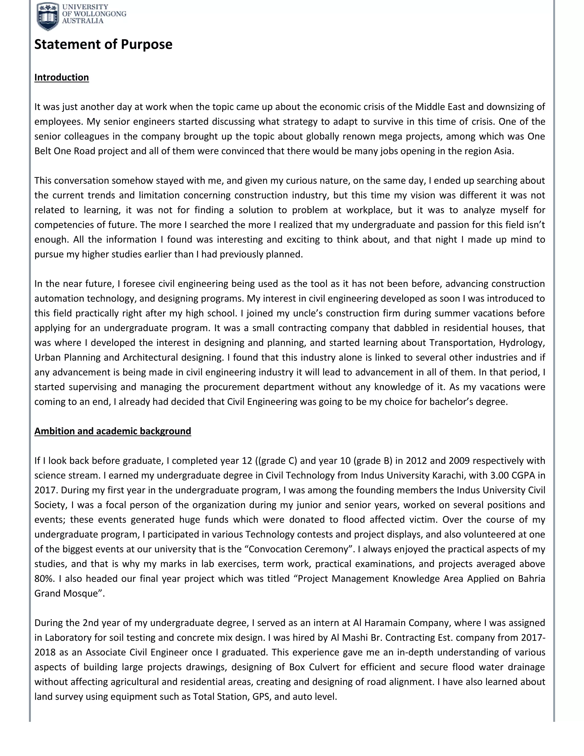 Statement of Purpose | PDF | Undergraduate Education | College Education