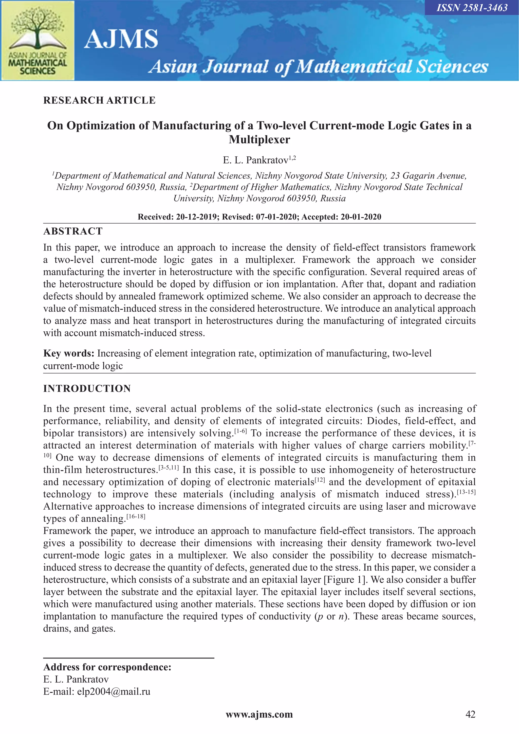 On Optimization of Manufacturing of a Two-level Current-mode Logic ...