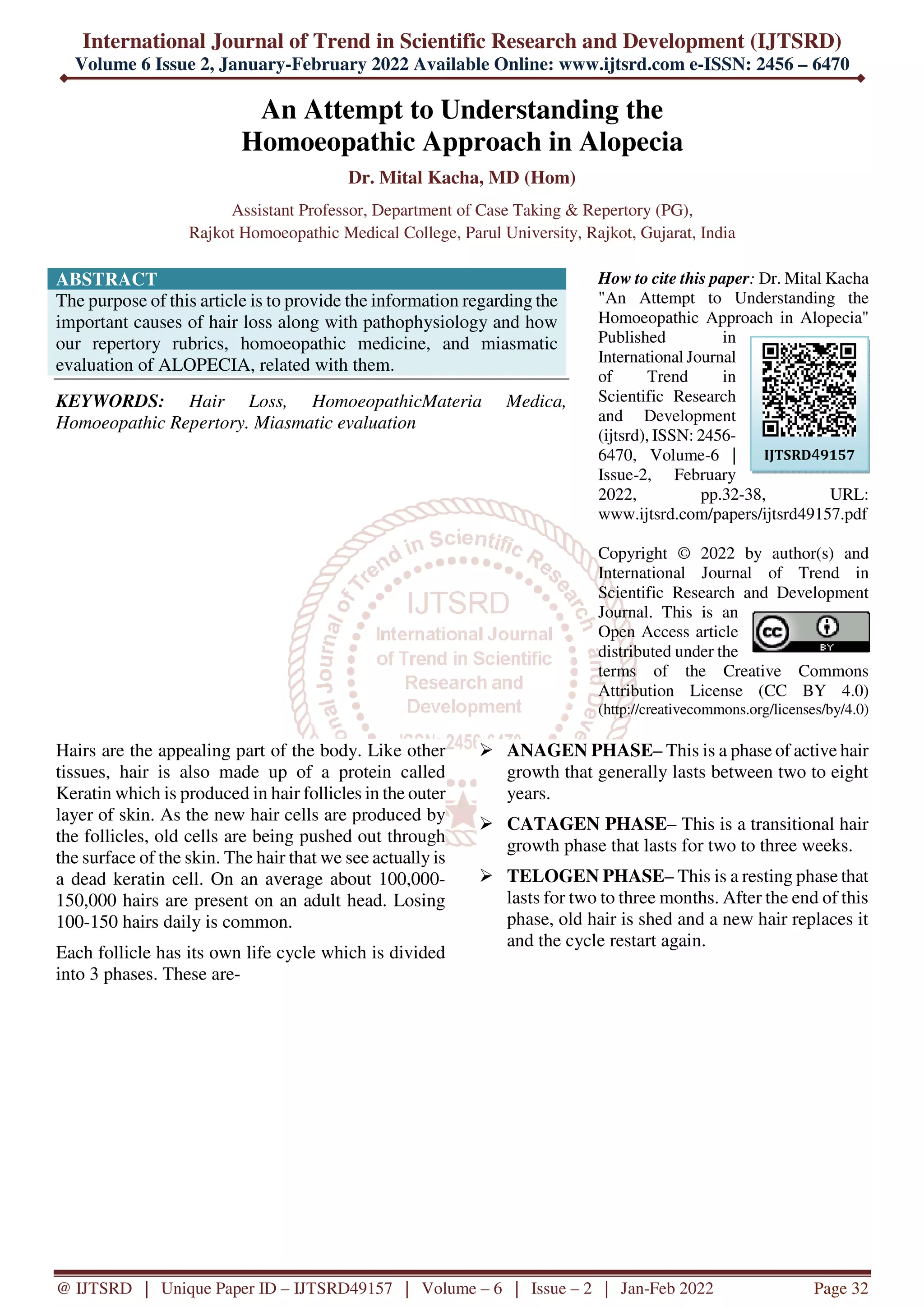 An Attempt to Understanding the Homoeopathic Approach in Alopecia | PDF