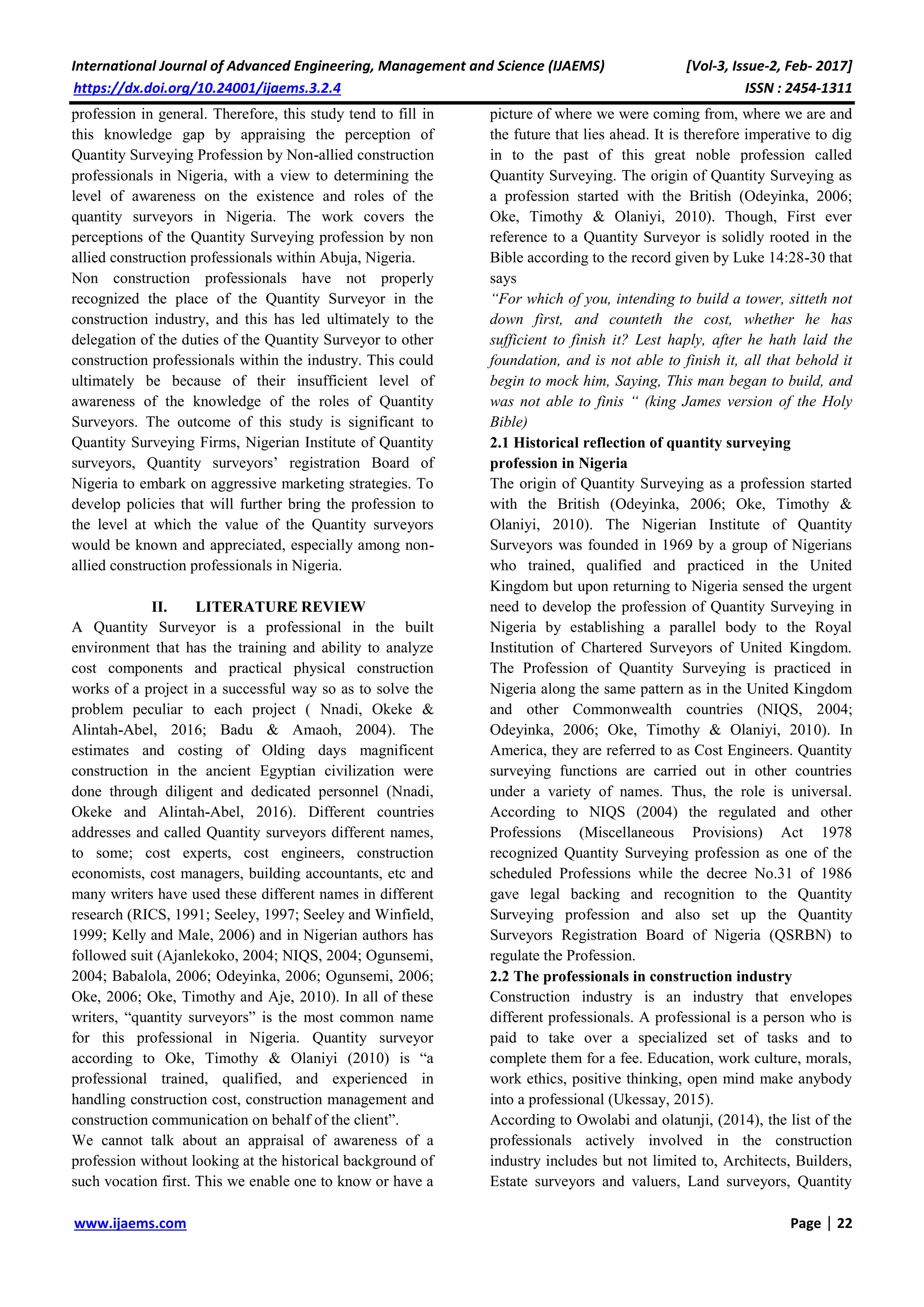 appraisal of the perception of quantity surveying profession | PDF