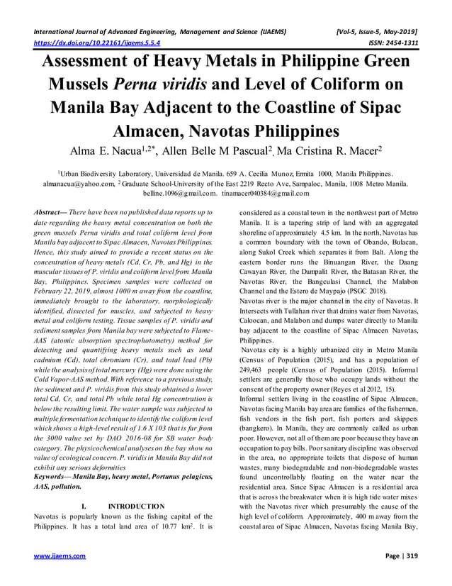 Assessment of Heavy Metals in Philippine Green Mussels Perna viridis ...