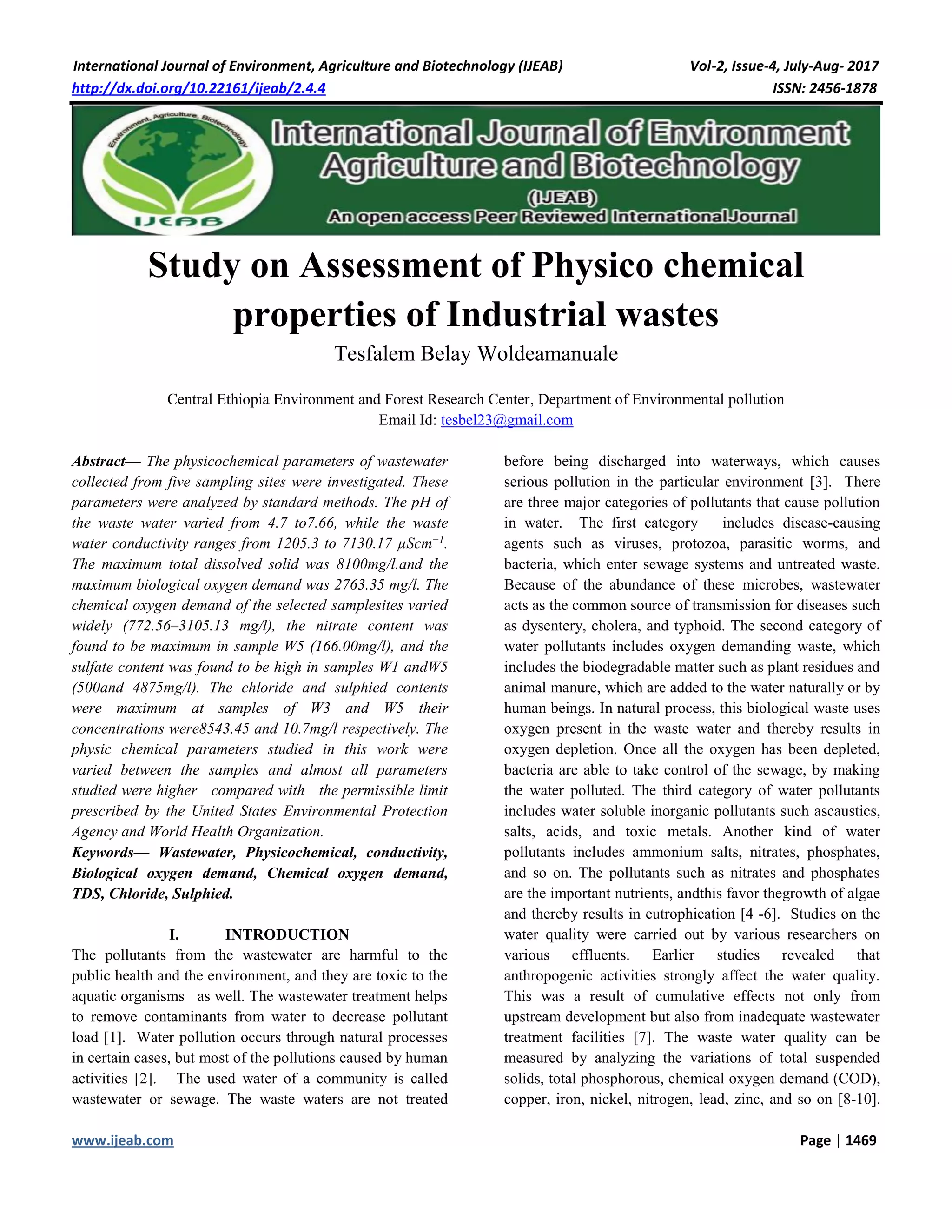 Study on Assessment of Physico chemical properties of Industrial wastes ...