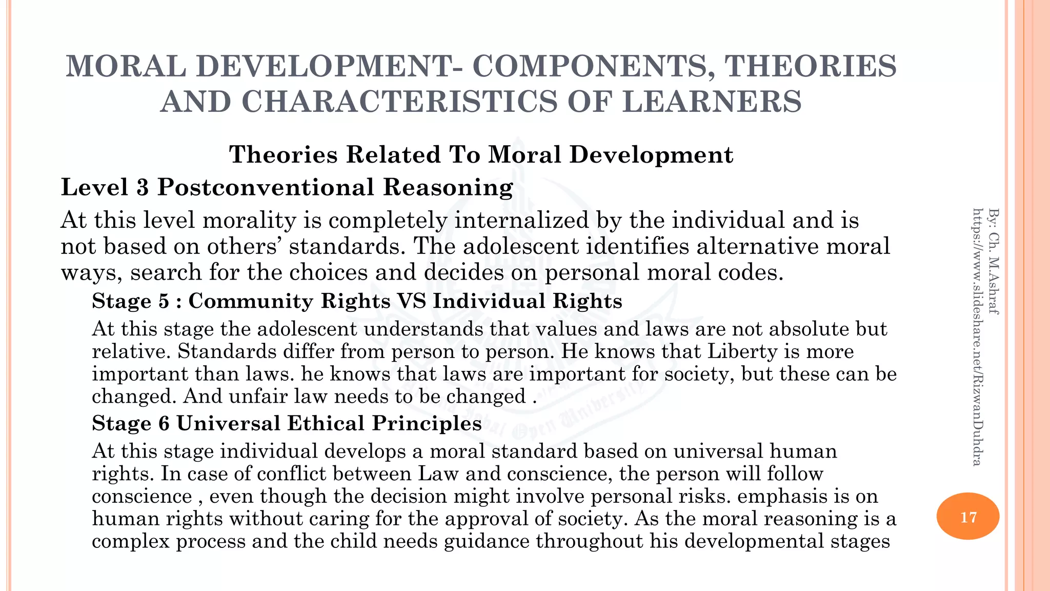 Moral Development - Components, Theories and Characteristics of Learners | PDF