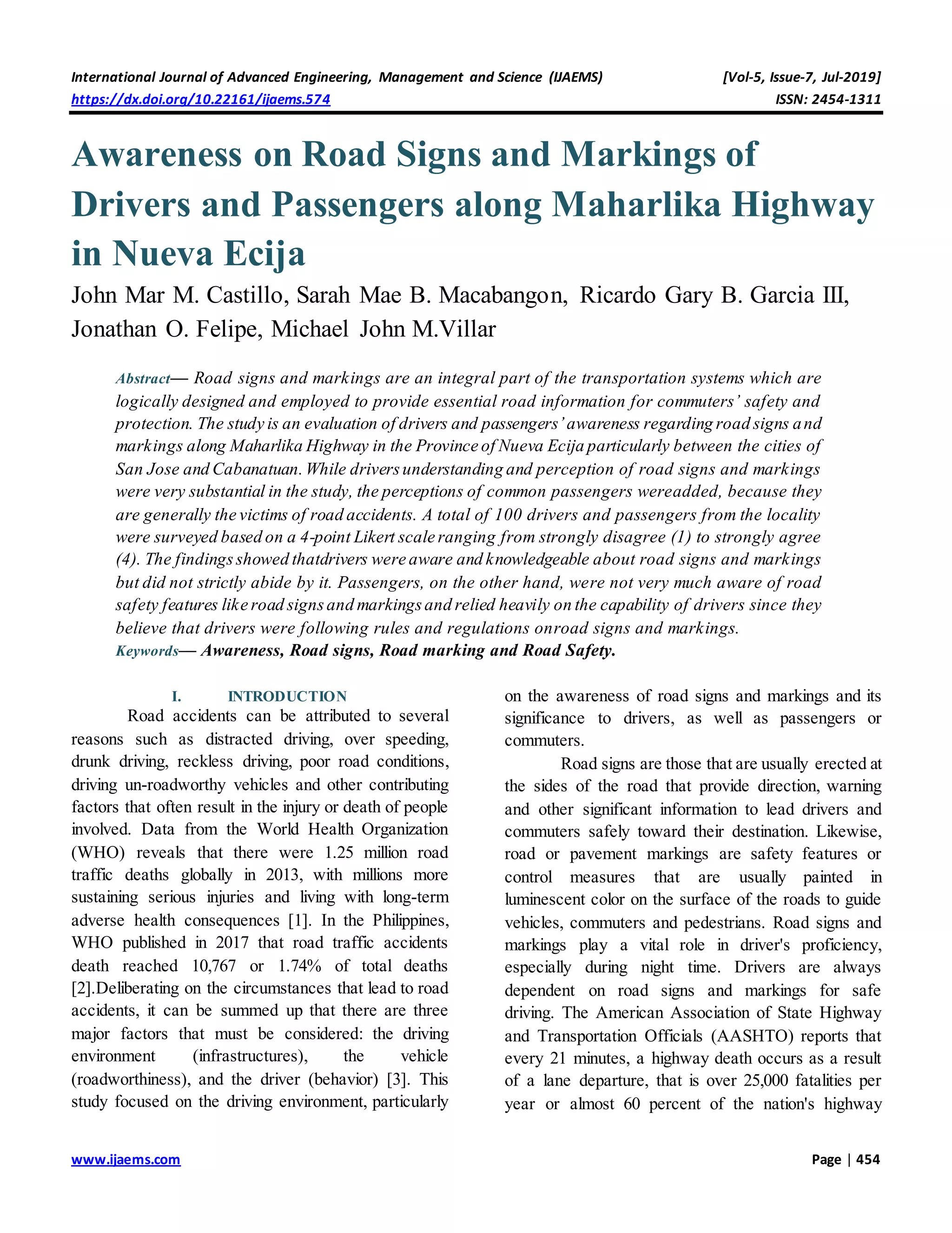 Awareness on Road Signs and Markings of Drivers and Passengers along ...