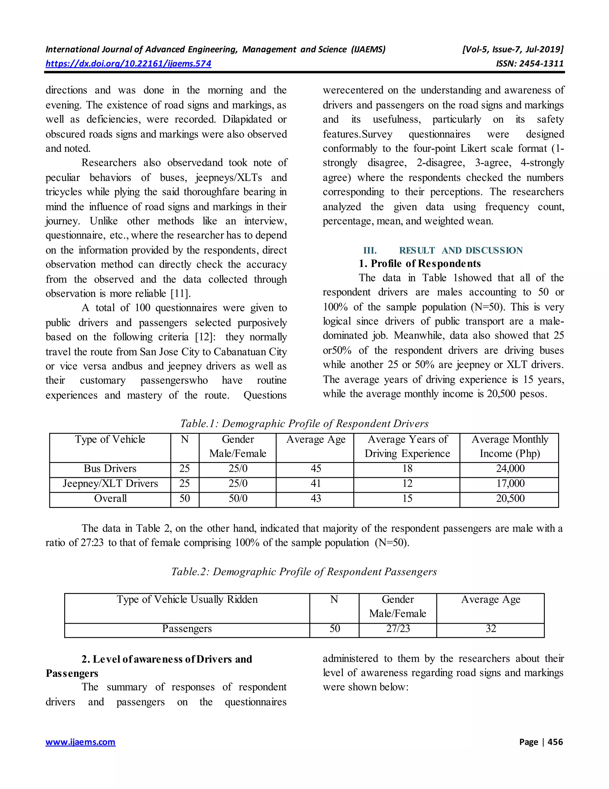 Awareness on Road Signs and Markings of Drivers and Passengers along ...