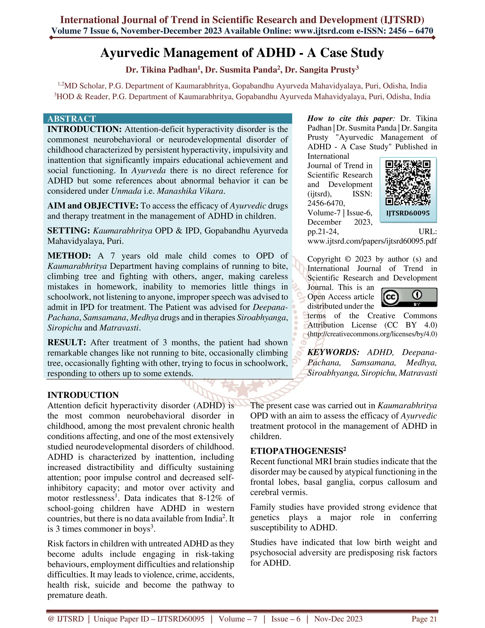 Ayurvedic Management of ADHD A Case Study | PDF