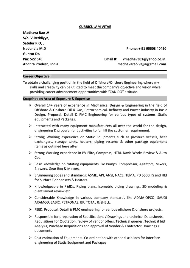 CV for Static & Package Equipment Engineer (PMC) - V.M.Rao. | DOC