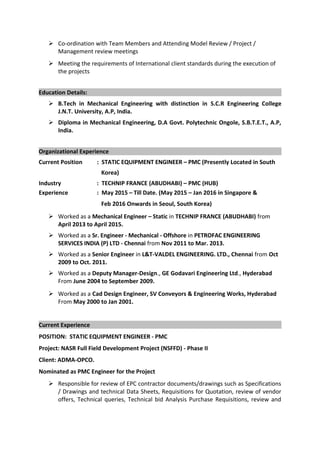 CV for Static & Package Equipment Engineer (PMC) - V.M.Rao. | DOC