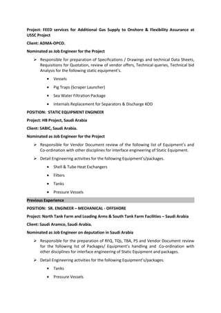 CV for Static & Package Equipment Engineer (PMC) - V.M.Rao. | DOC