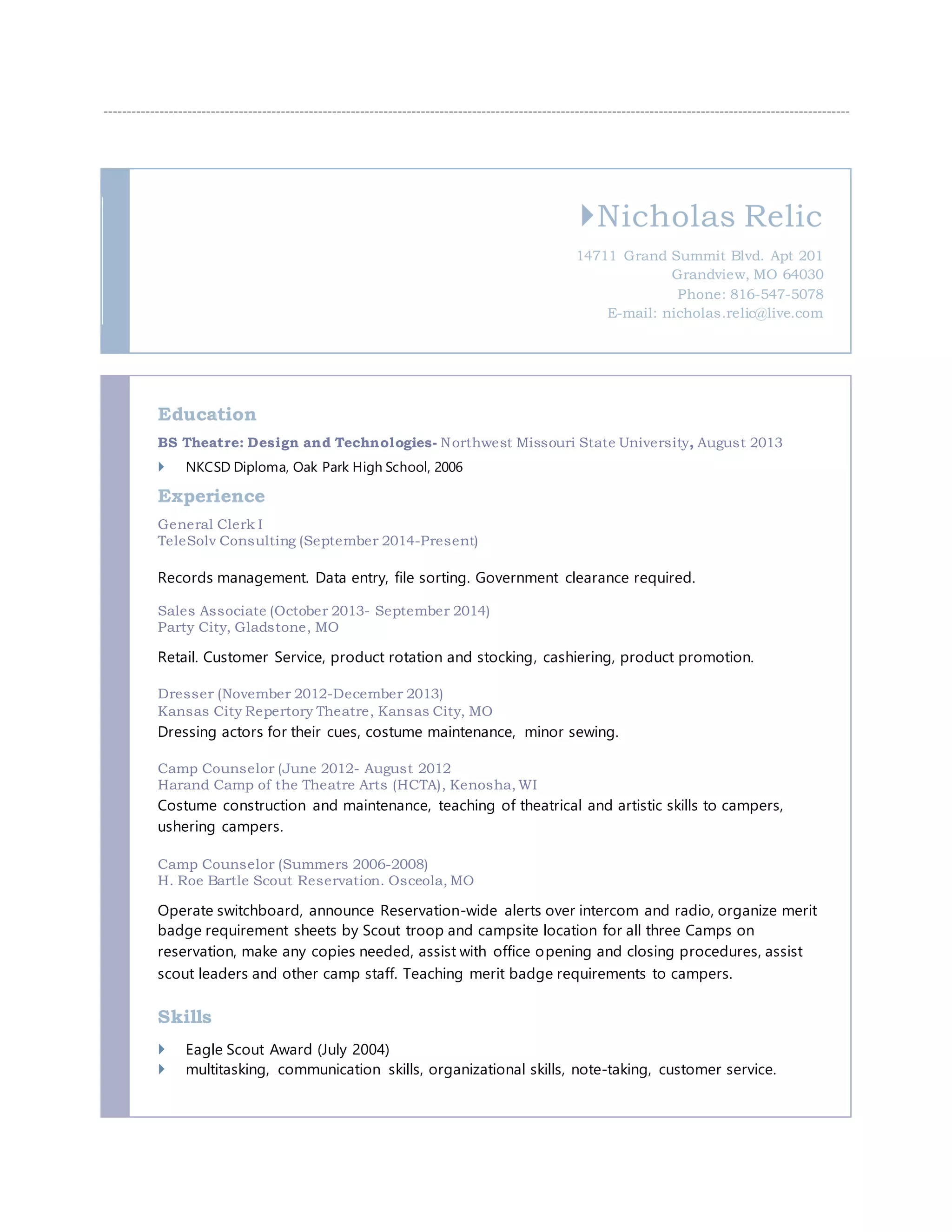 Nick Relic Resume (2) | DOCX | Resume Writing and Advice | Job Search