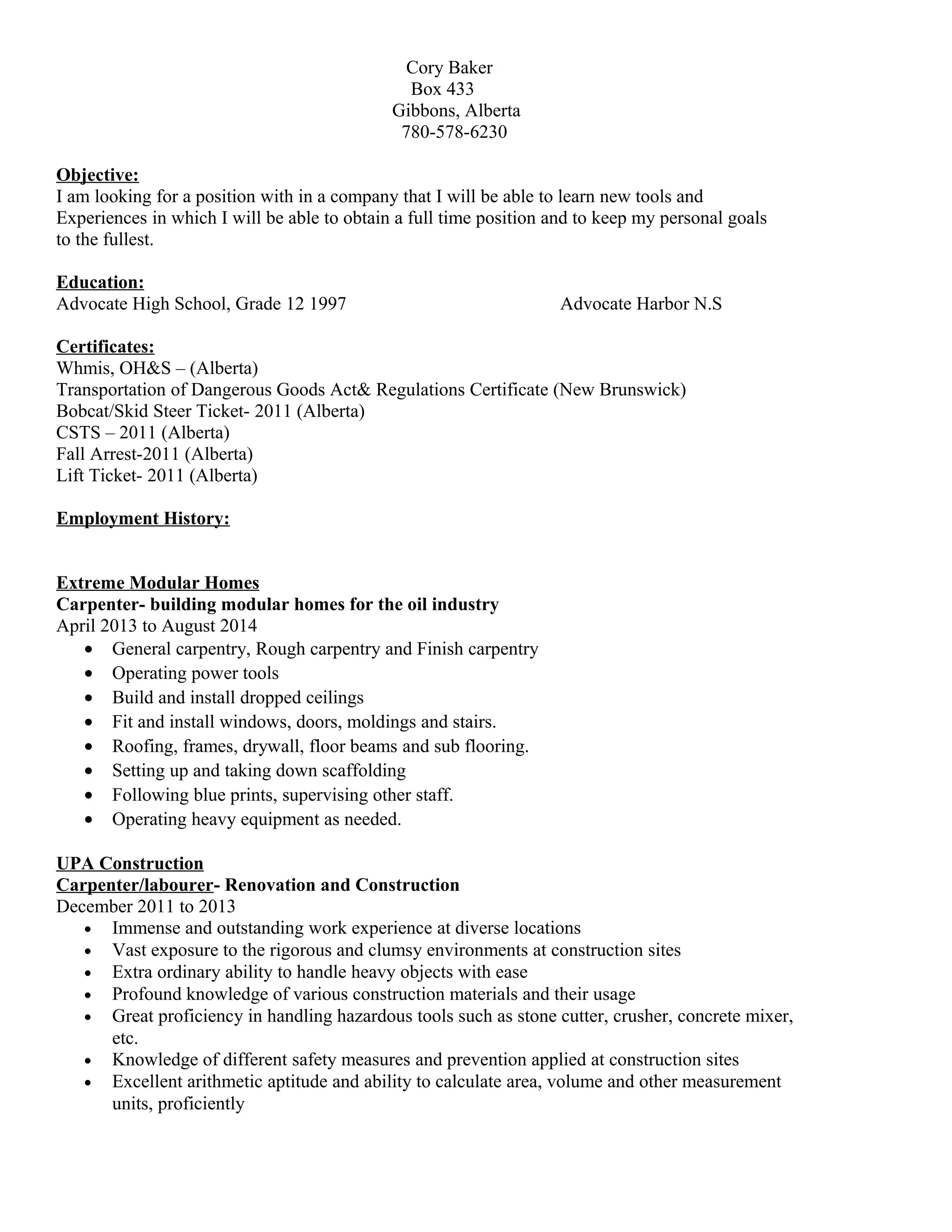 Cory Baker new resume | DOC