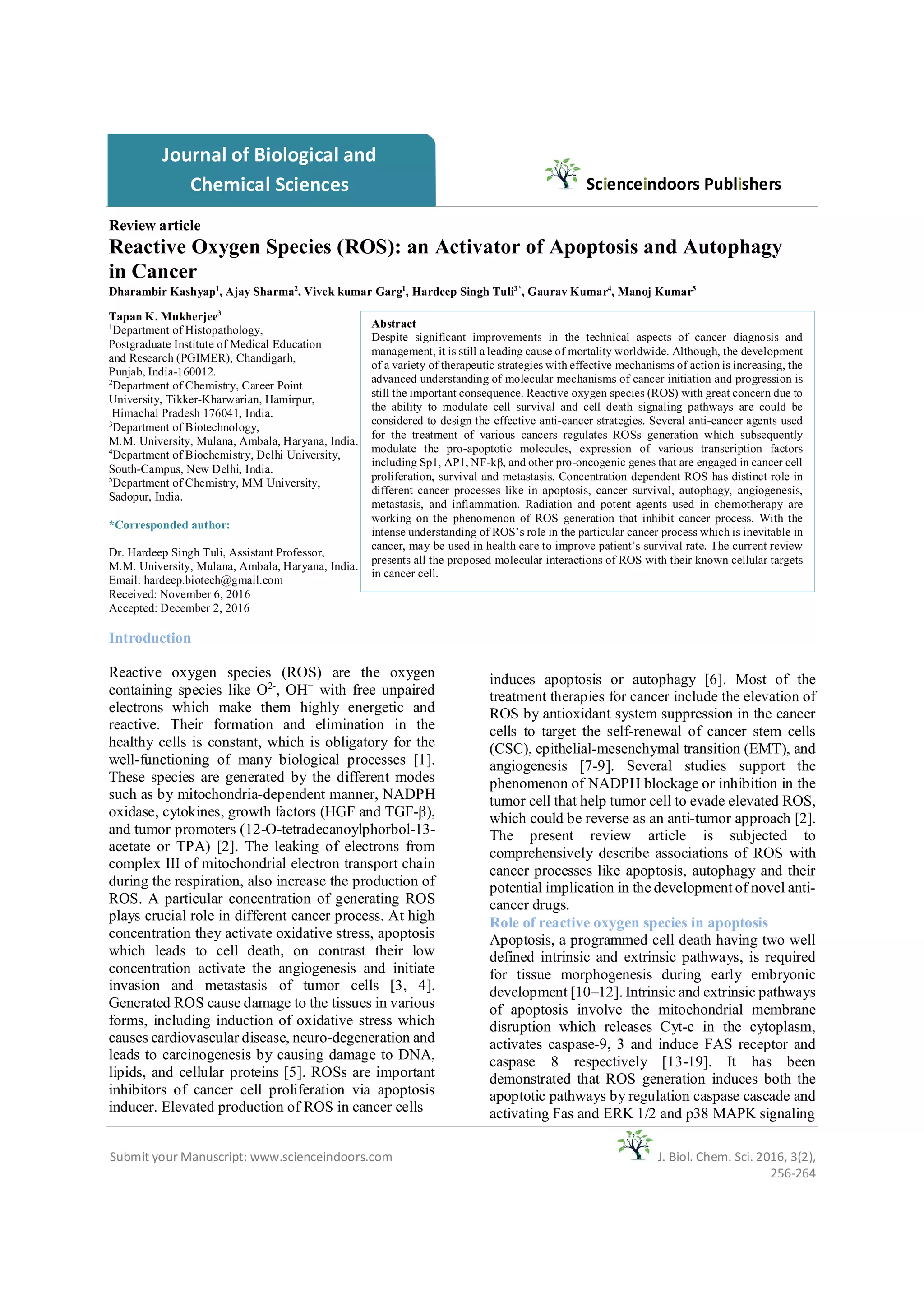 Reactive Oxygen Species (ROS) an Activator of Apoptosis and Autophagy | PDF