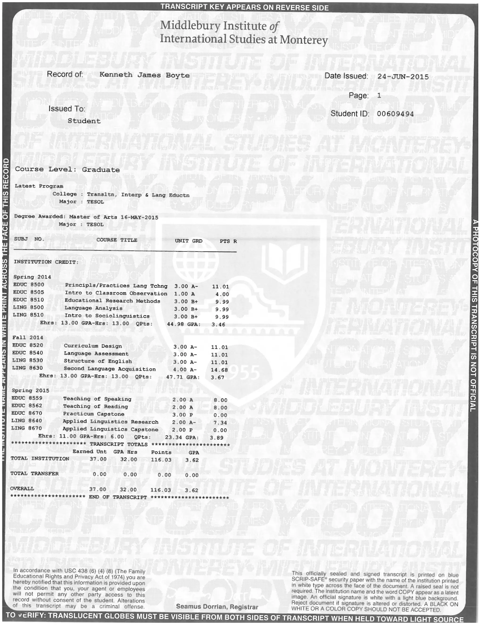 Boyte MA TESOL Transcripts | PDF