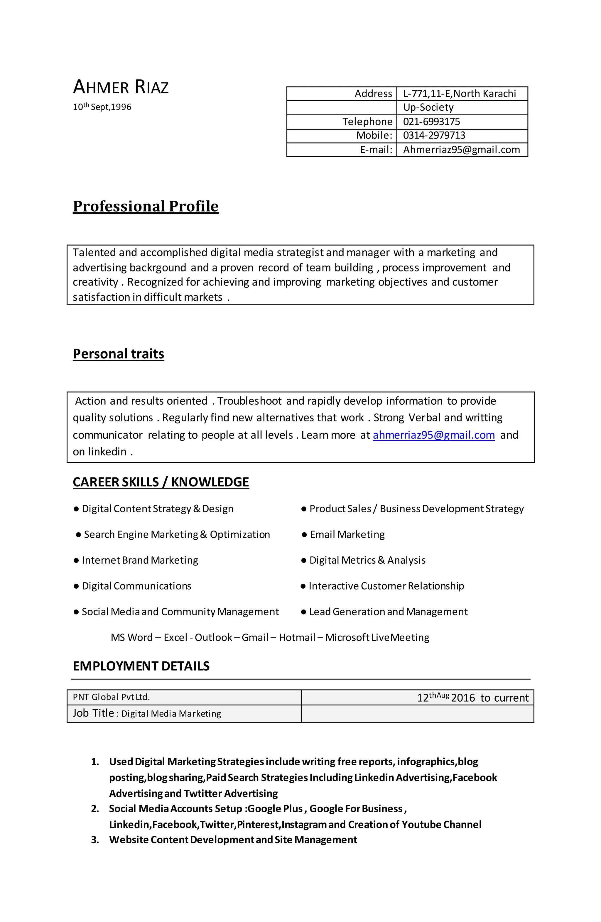 Ahmer Riaz CV | DOCX | Marketing and Advertising | Business