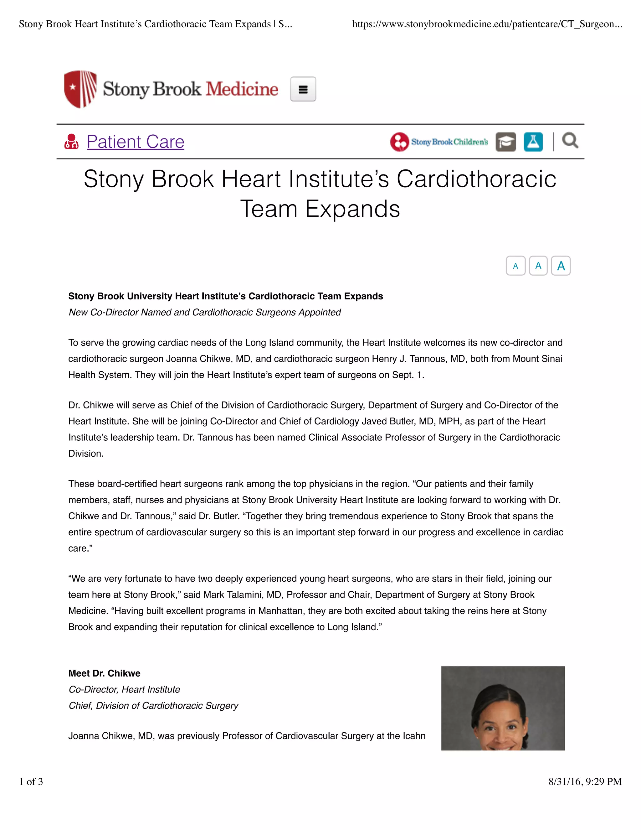 Stony Brook Heart Institute’s Cardiothoracic Team Expands | Stony Brook Medicine | PDF